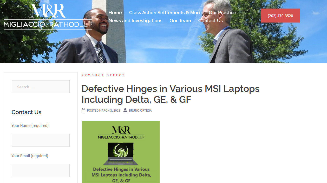 Petition update · Class action lawsuit started on MSI hinge defects by ...