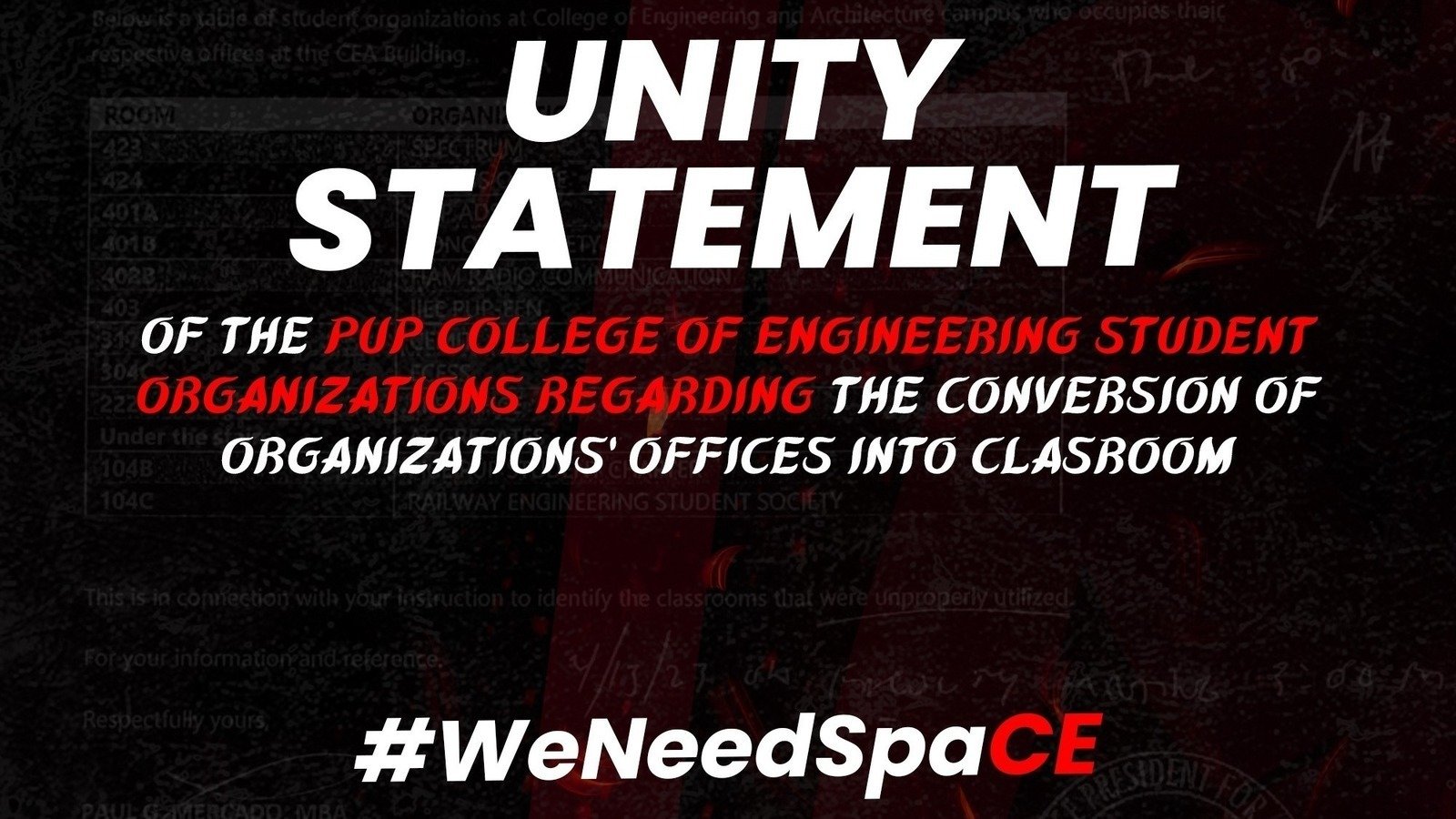 Petition · #WeNeedSpaCE: Let PUP-CEA Organizations Stay in their ...