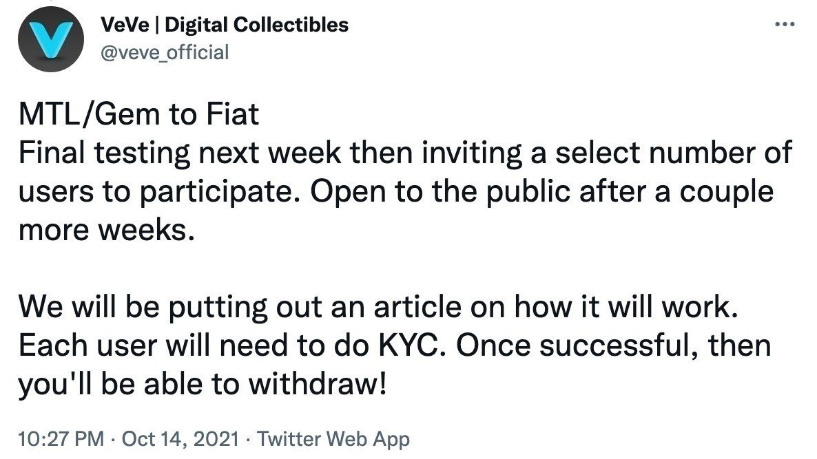 Petition · MTL/Gem to Fiat Integration into Veve App Before May 1st, 2022 · Change.org