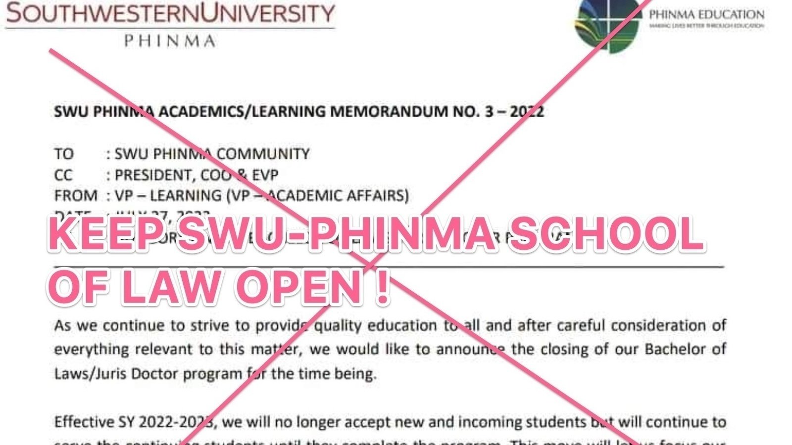 Petition · KEEP SWU-PHINMA SCHOOL OF LAW OPEN ! - Philippines · Change.org