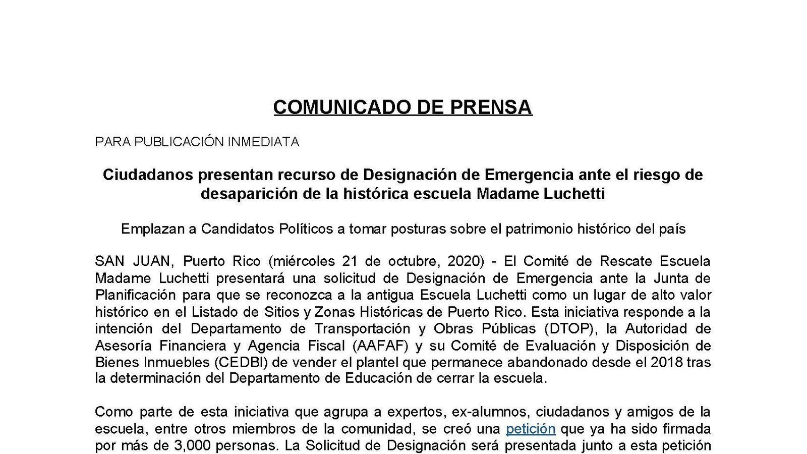 Petition update · COMUNICADO DE PRENSA - Designación de Emergencia ...