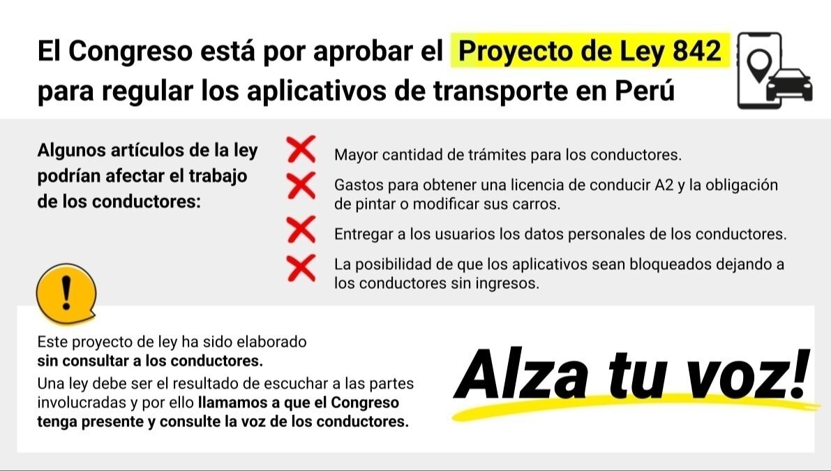 Petición · Escuchen a los conductores de aplicativos para debatir el Proyecto de Ley 842 en Perú ...