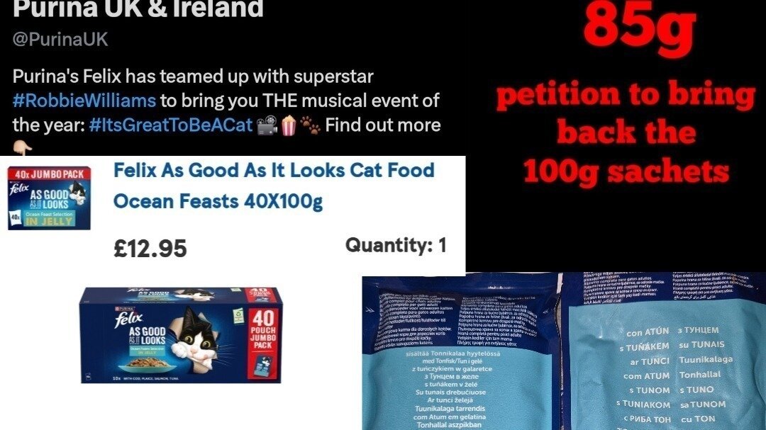 Petition · CHANGE BACK TO 100g size @Purina cat sizes back to 100g ...
