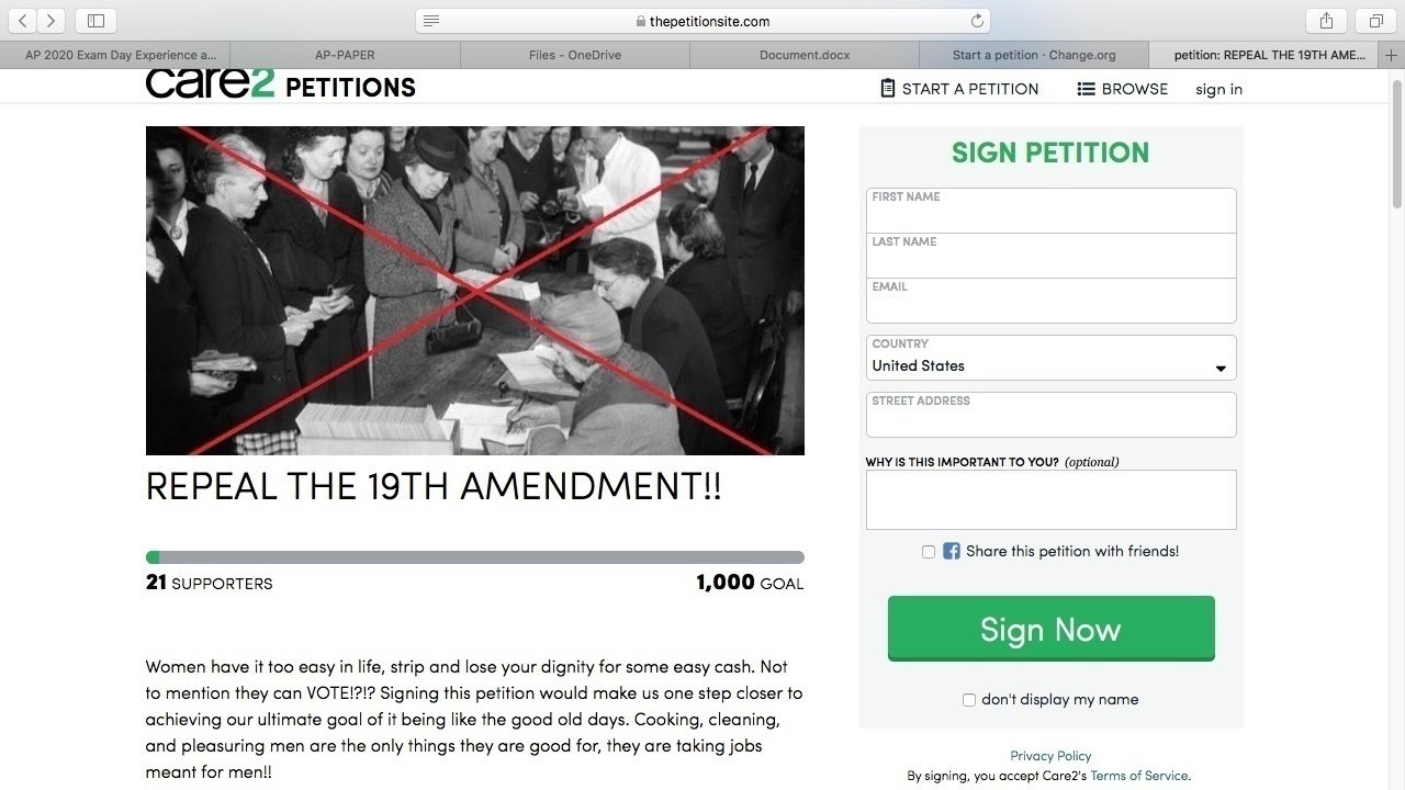Petition · Ban the petition that's trying to repeal the 19th amendment ...
